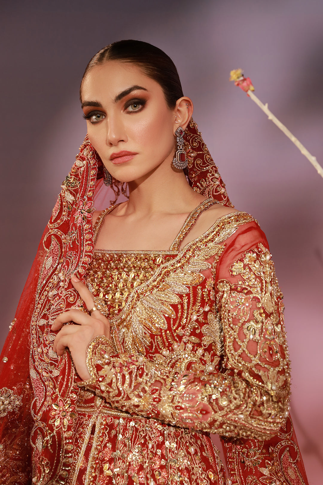 Red Pakistani Bridal Dress in Open Gown Lehenga Style – Nameera by Farooq