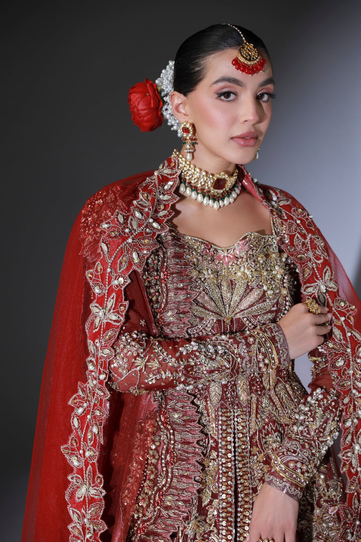Red Pakistani Bridal Dress in Open Gown Lehenga Style – Nameera by Farooq