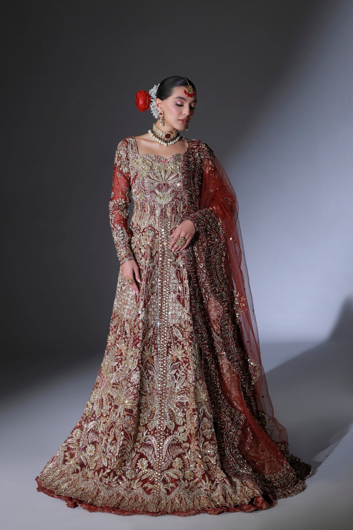 Red Pakistani Bridal Dress in Open Gown Lehenga Style – Nameera by Farooq