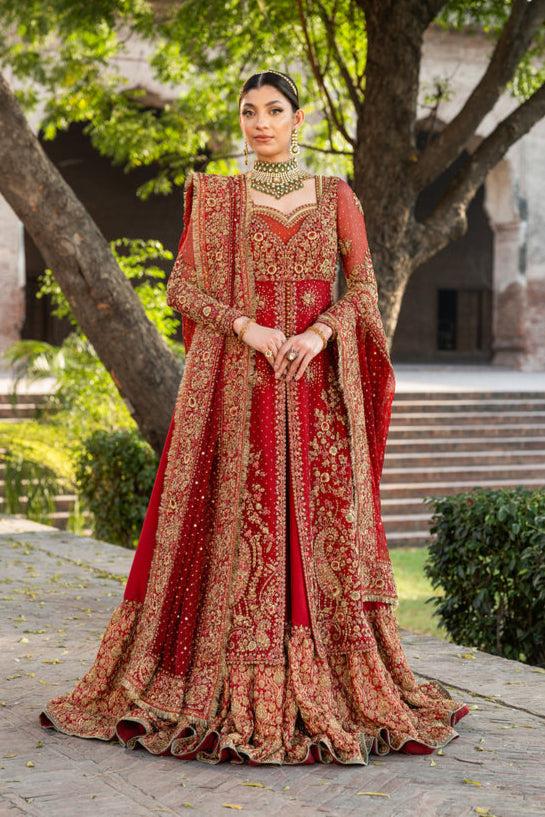Red Pakistani Bridal Dress in Open Kameez Lehenga Style – Nameera by Farooq