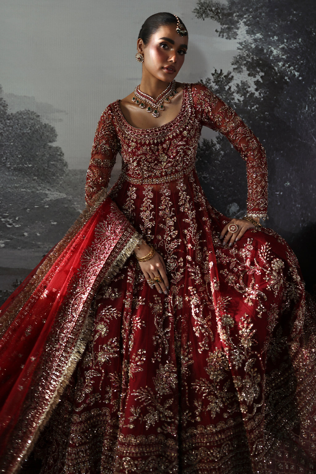 Red Pakistani Bridal Dress in Peshwas and Lehenga Style – Nameera by Farooq
