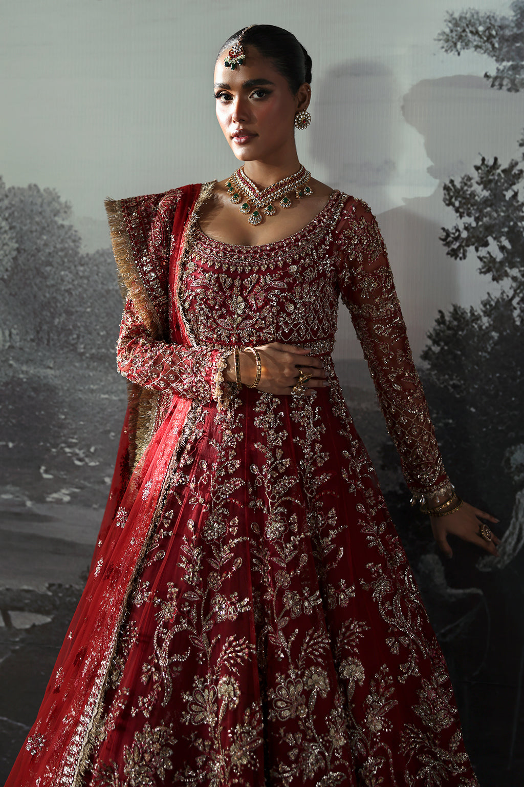 Red Pakistani Bridal Dress in Peshwas and Lehenga Style – Nameera by Farooq