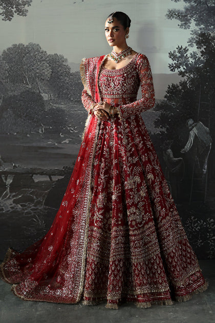 Red Pakistani Bridal Dress in Peshwas and Lehenga Style – Nameera by Farooq