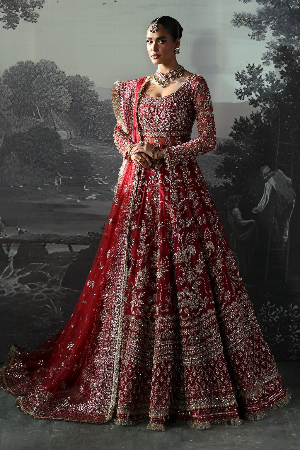 Red Pakistani Bridal Dress in Peshwas and Lehenga Style – Nameera by Farooq
