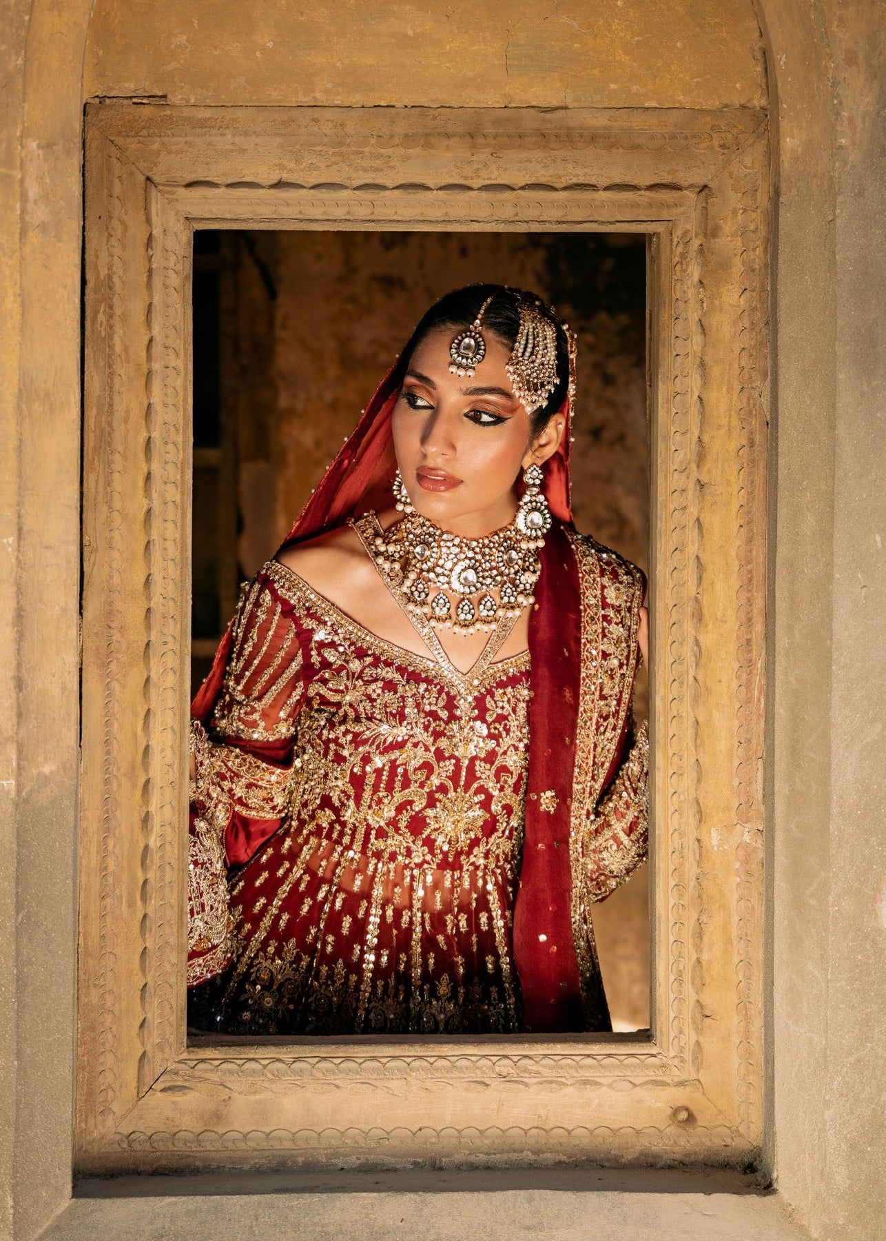 Red Pakistani Bridal Dress in Pishwas Lehenga Style – Nameera by Farooq