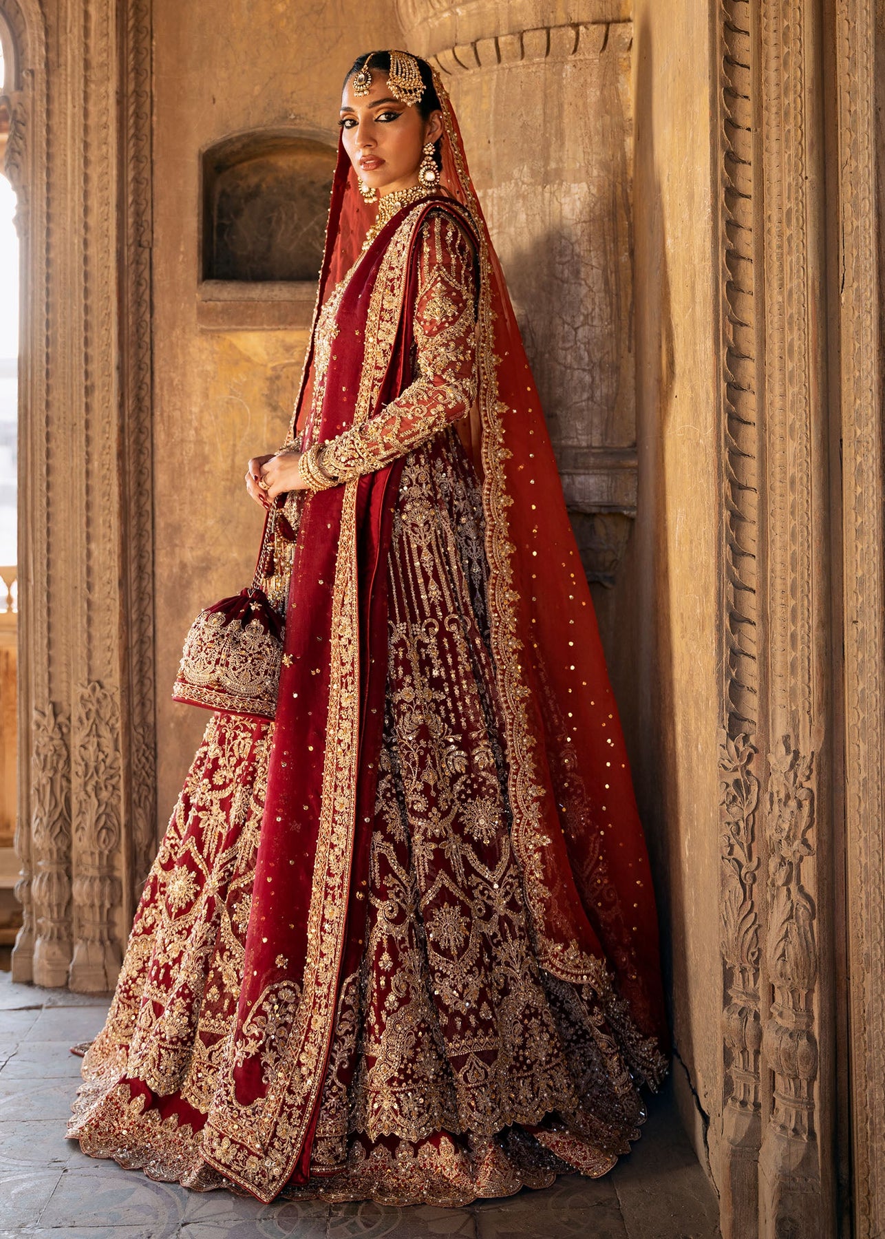 Red Pakistani Bridal Dress in Pishwas Lehenga Style – Nameera by Farooq