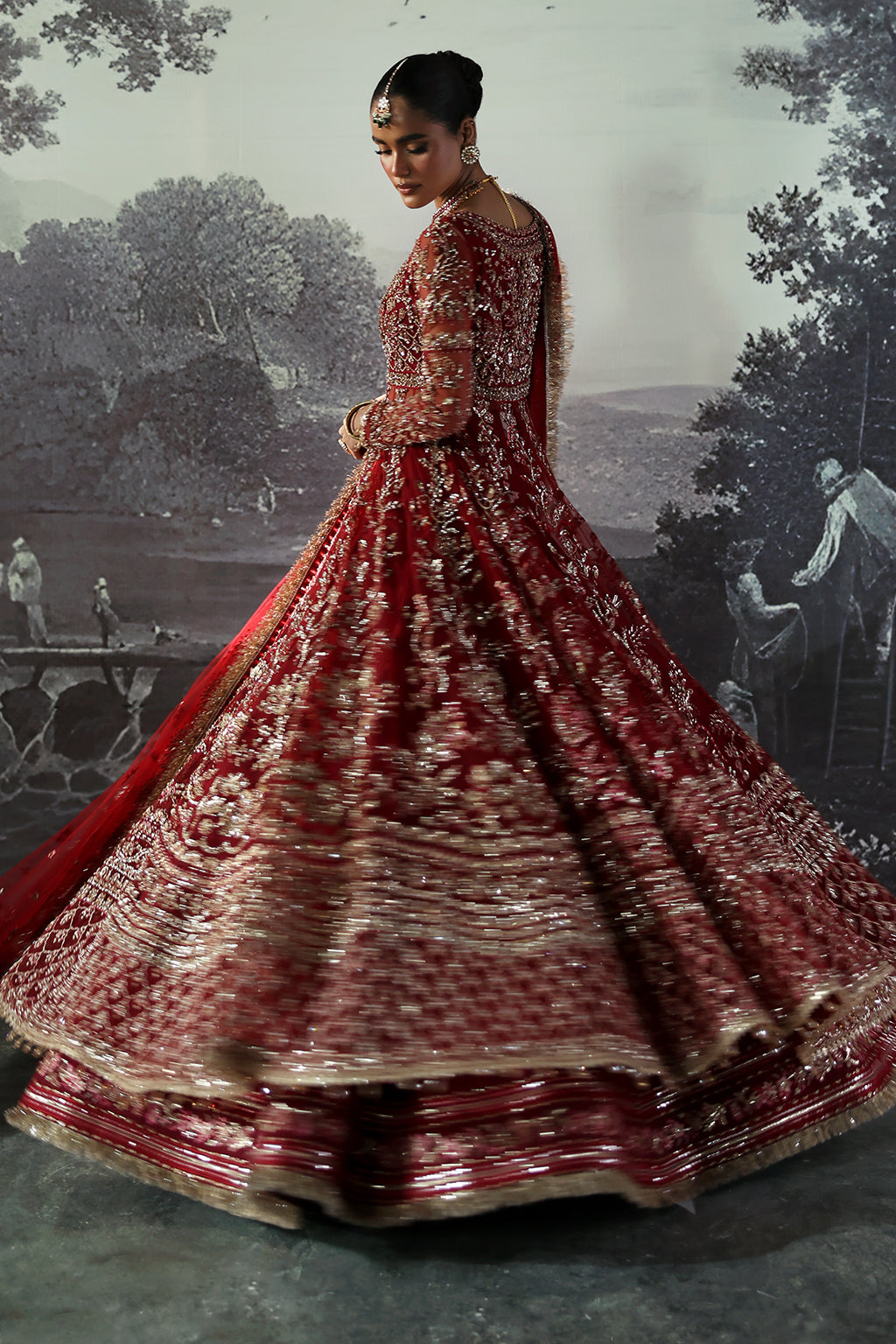 Red Pakistani Bridal Dress in Peshwas and Lehenga Style – Nameera by Farooq