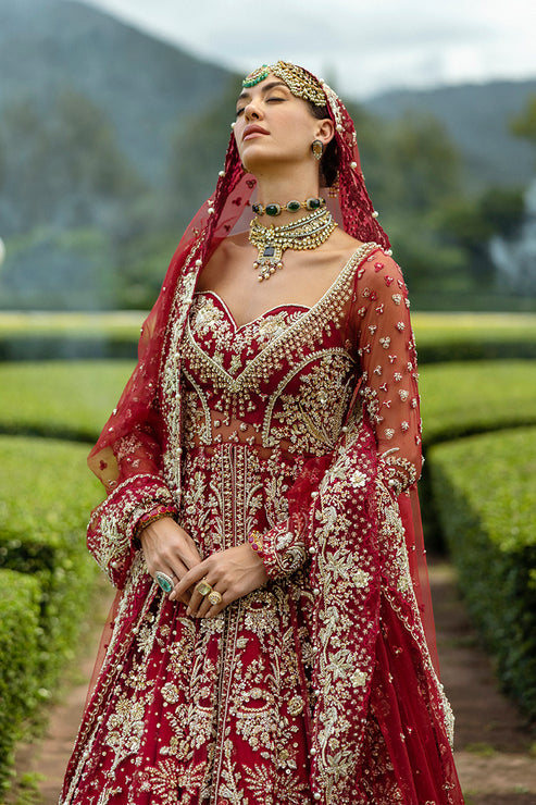 Red Pakistani Bridal Dress in Shirt and Lehenga Style – Nameera by Farooq