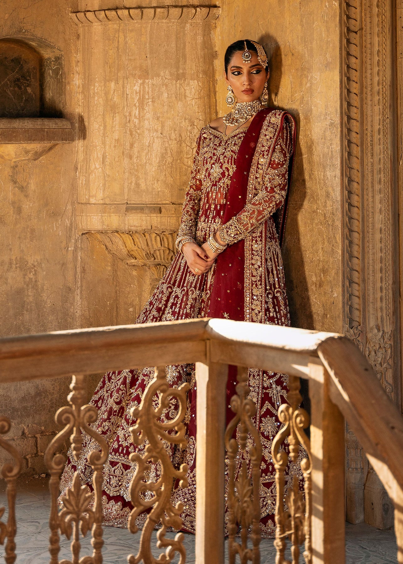 Red Pakistani Bridal Dress in Pishwas Lehenga Style – Nameera by Farooq