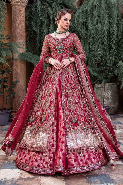 Royal Red Pakistani Bridal Outfit in Gown Lehenga Style – Nameera by Farooq