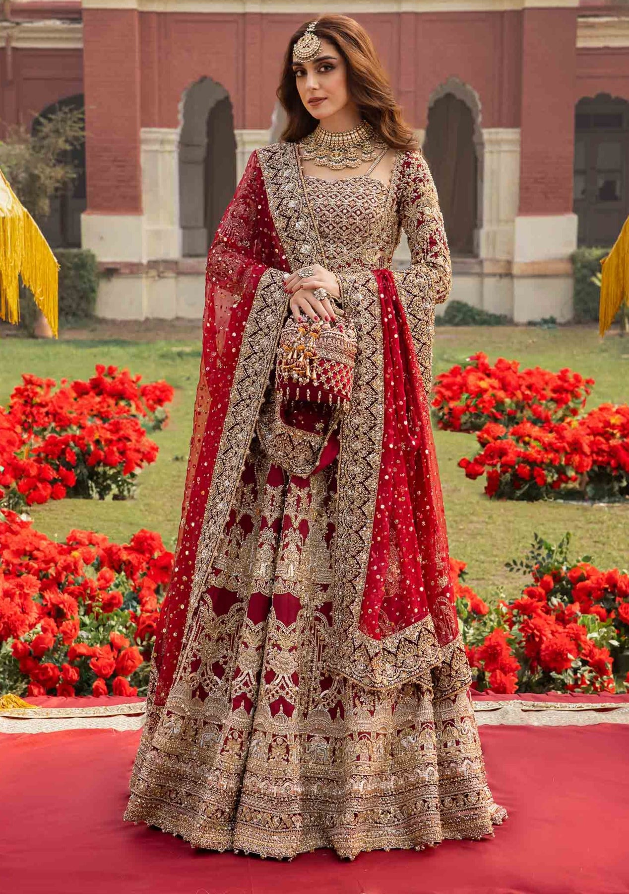 Red Pakistani Bridal Outfit in Pishwas Lehenga Style – Nameera by Farooq