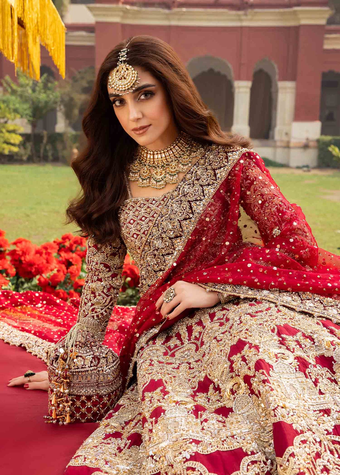 Red Pakistani Bridal Outfit in Pishwas Lehenga Style – Nameera by Farooq