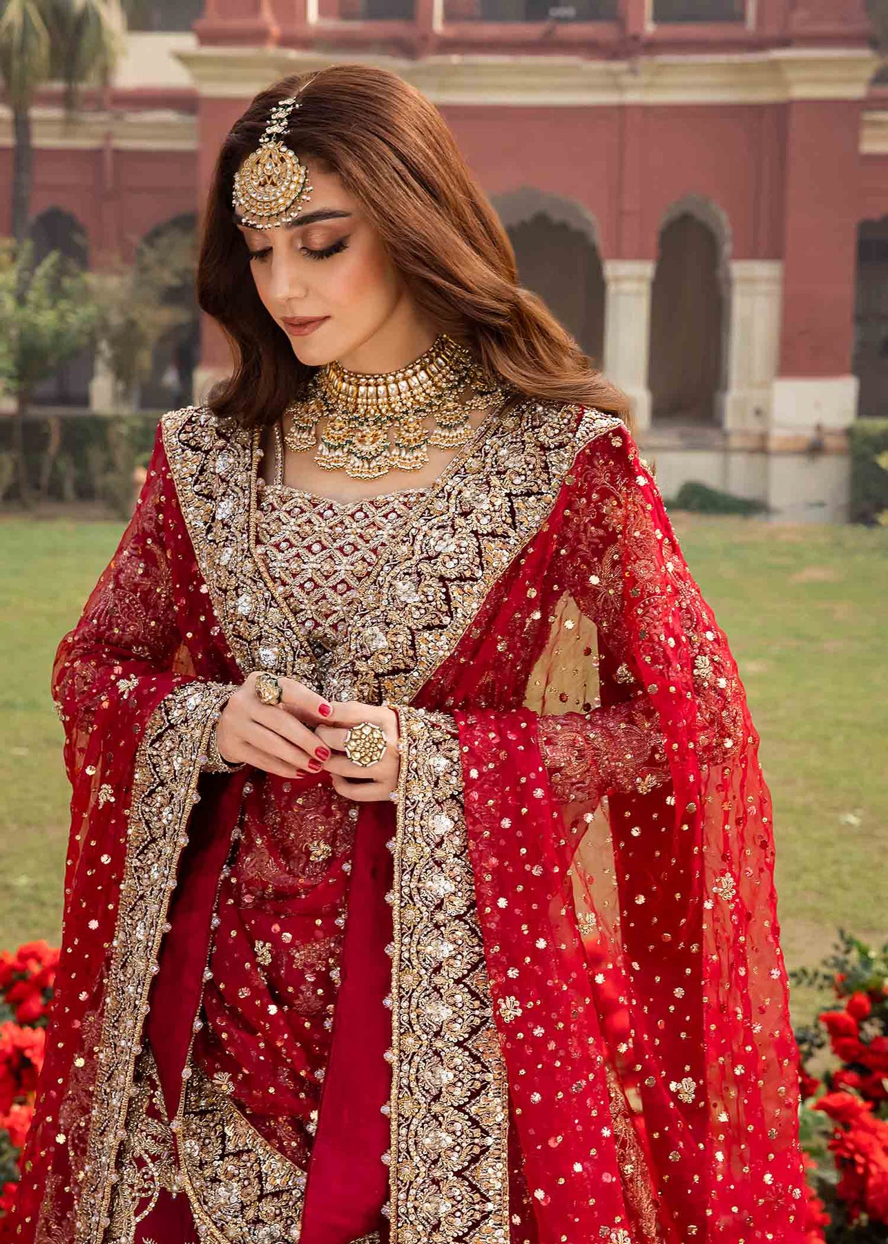 Red Pakistani Bridal Outfit in Pishwas Lehenga Style – Nameera by Farooq