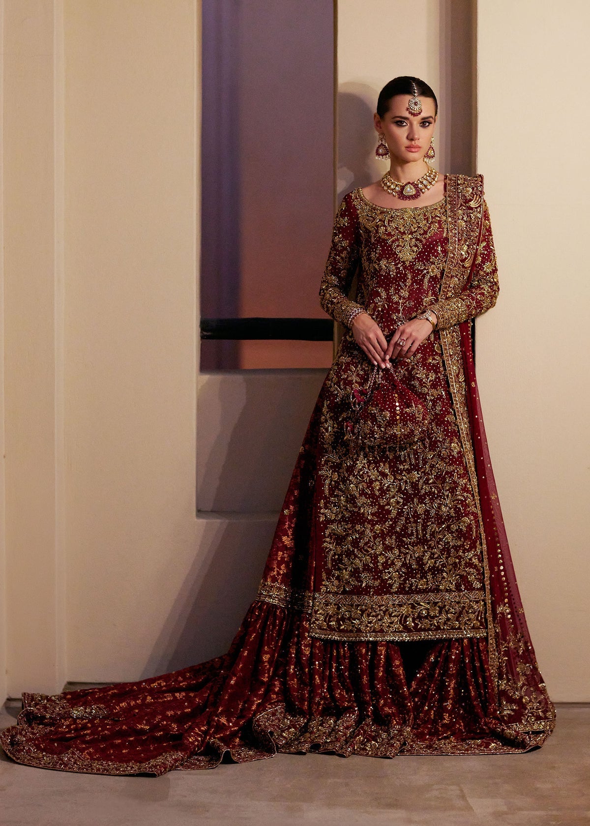 Red Pakistani Wedding Dress in Bridal Gharara Style – Nameera by Farooq