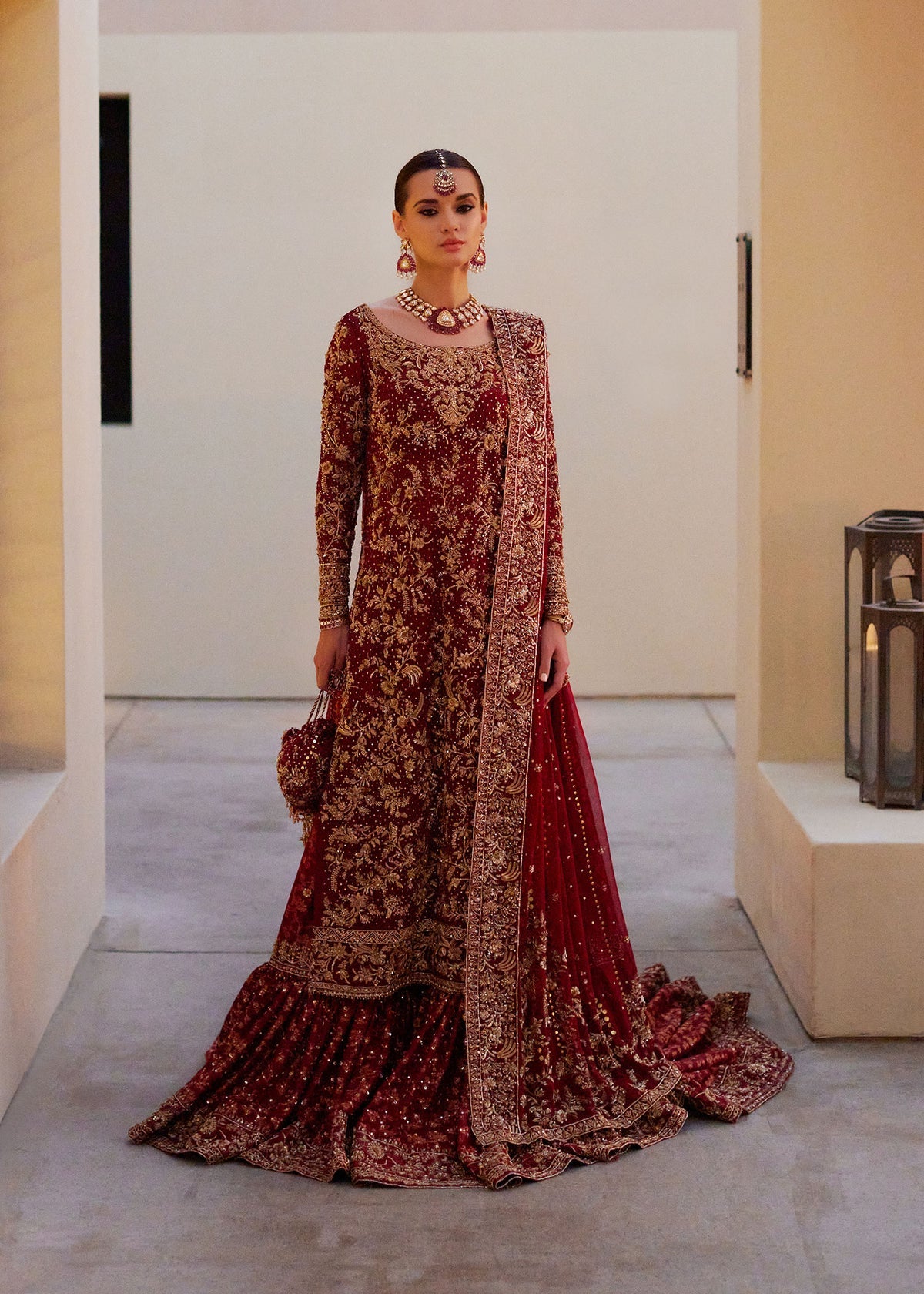 Red Pakistani Wedding Dress in Bridal Gharara Style – Nameera by Farooq