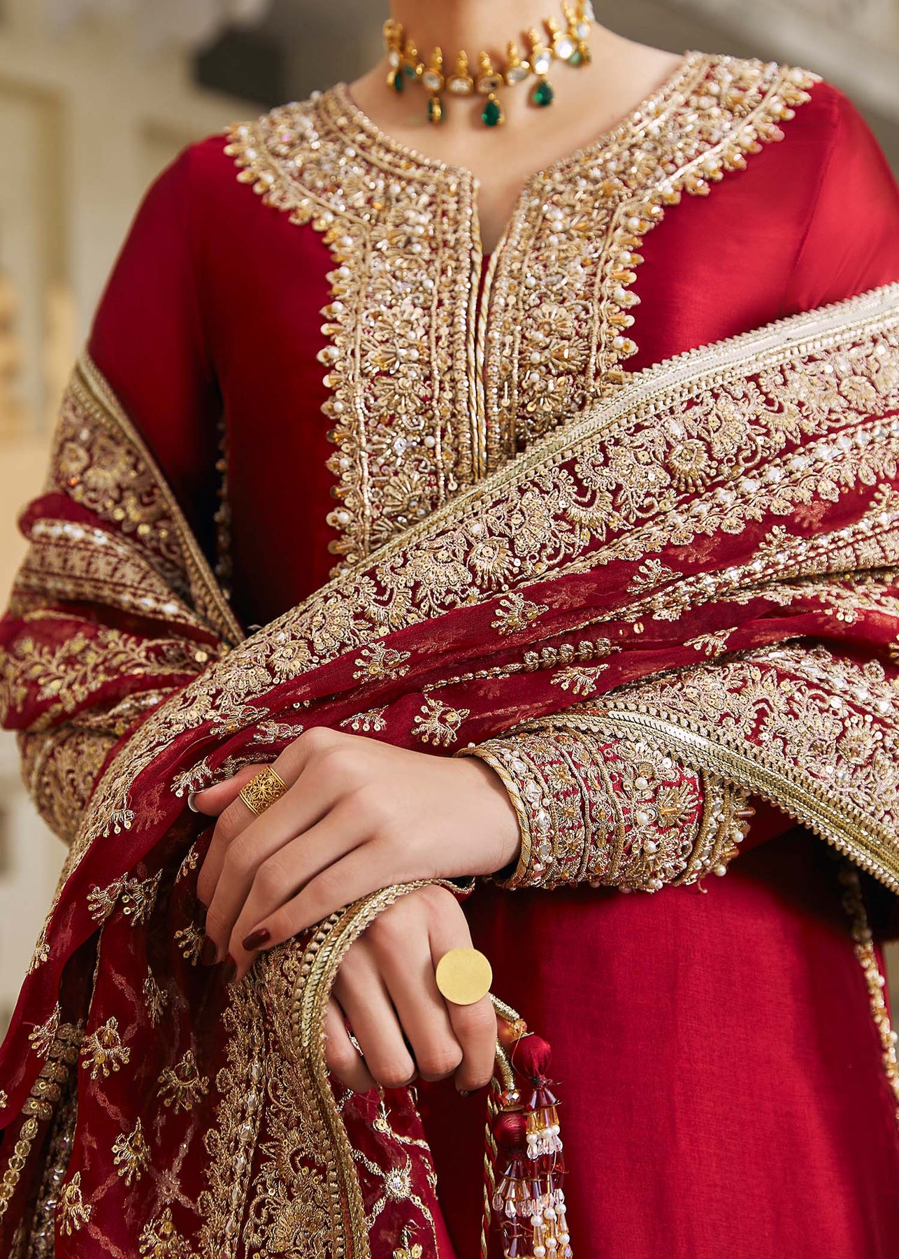 Red Pakistani Wedding Dress in Kameez Churidar Style – Nameera by Farooq
