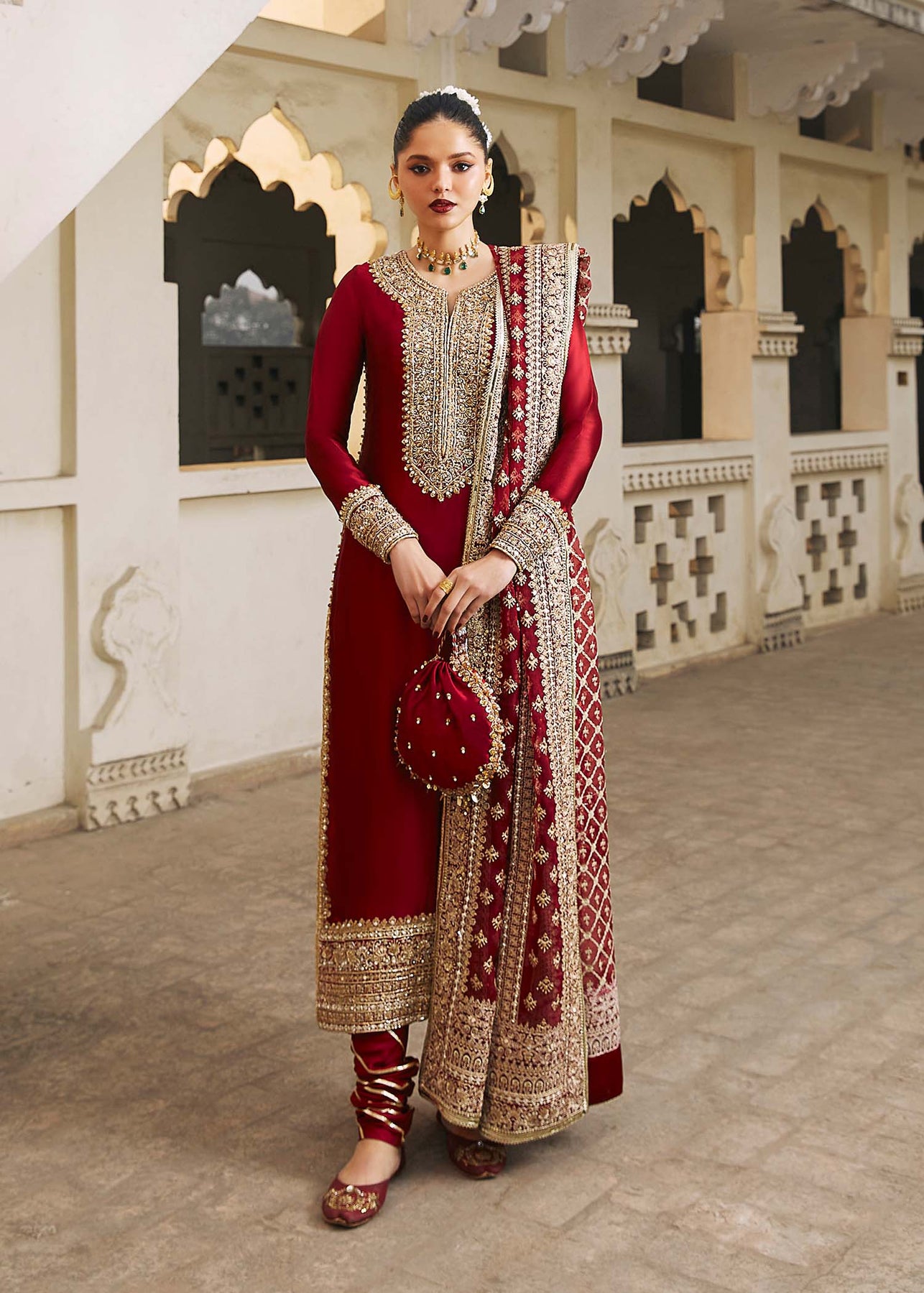 Red Pakistani Wedding Dress in Kameez Churidar Style – Nameera by Farooq