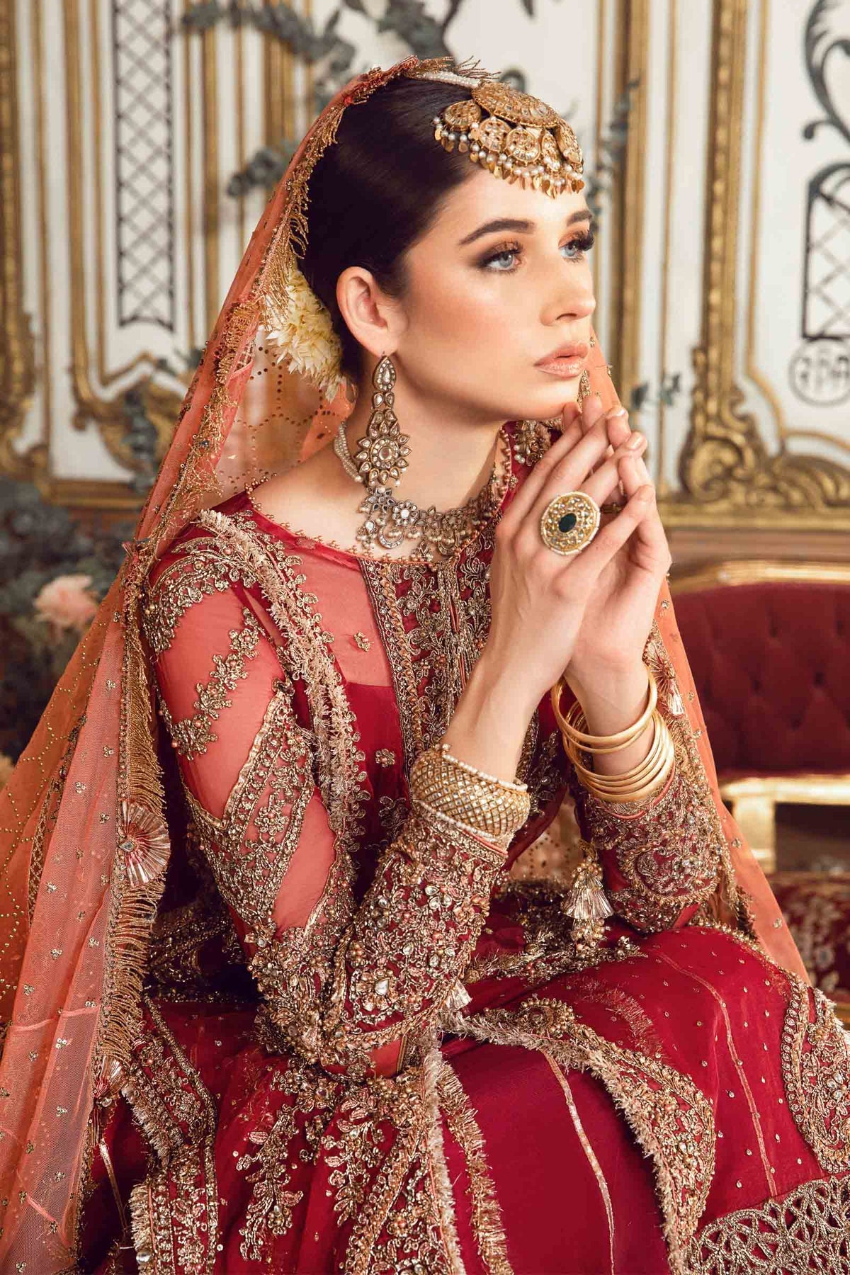 Red Pakistani Wedding Dress in Lehenga Kameez Style – Nameera by Farooq