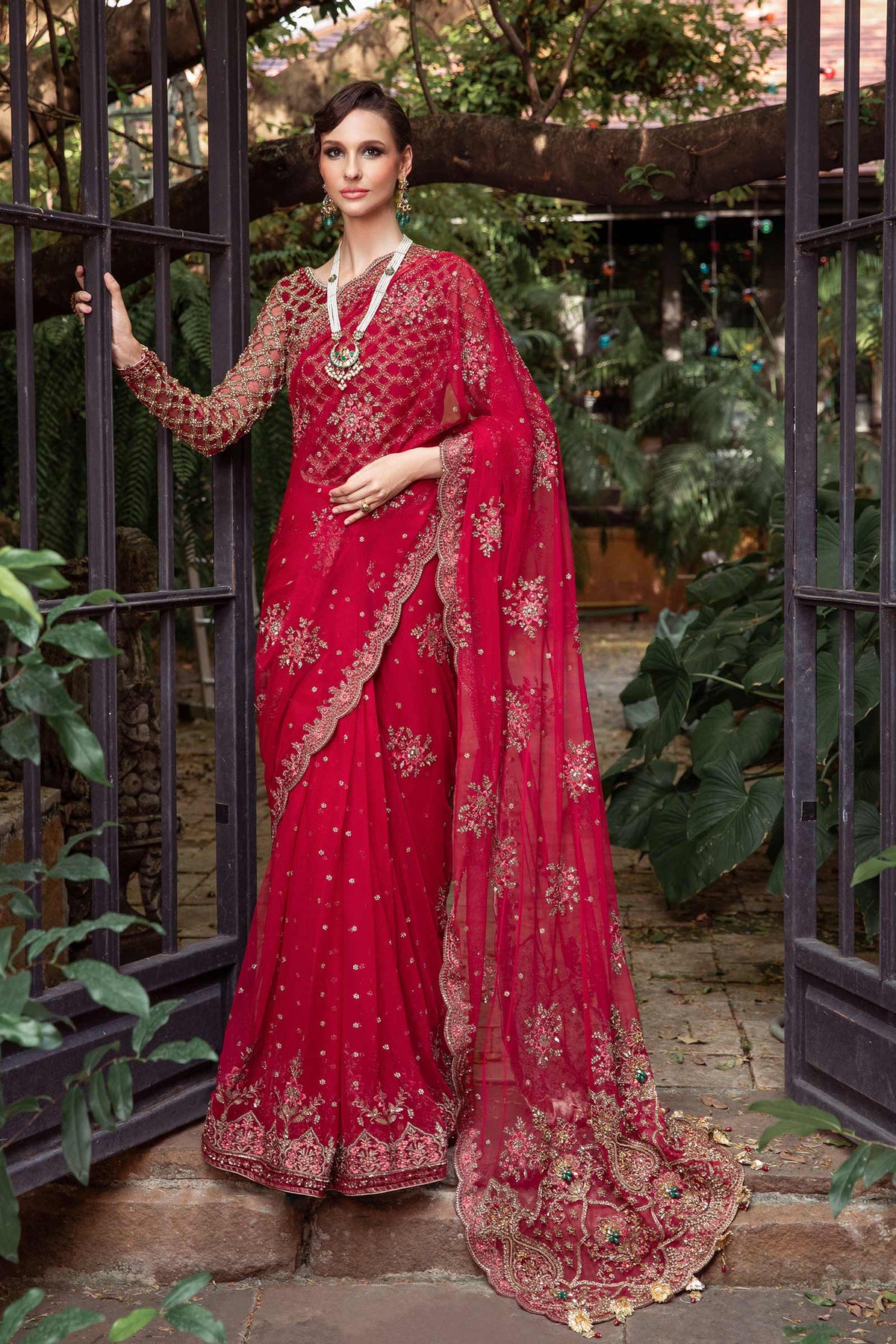 Red Pakistani Wedding Dress in Net Bridal Saree Style – Nameera by Farooq