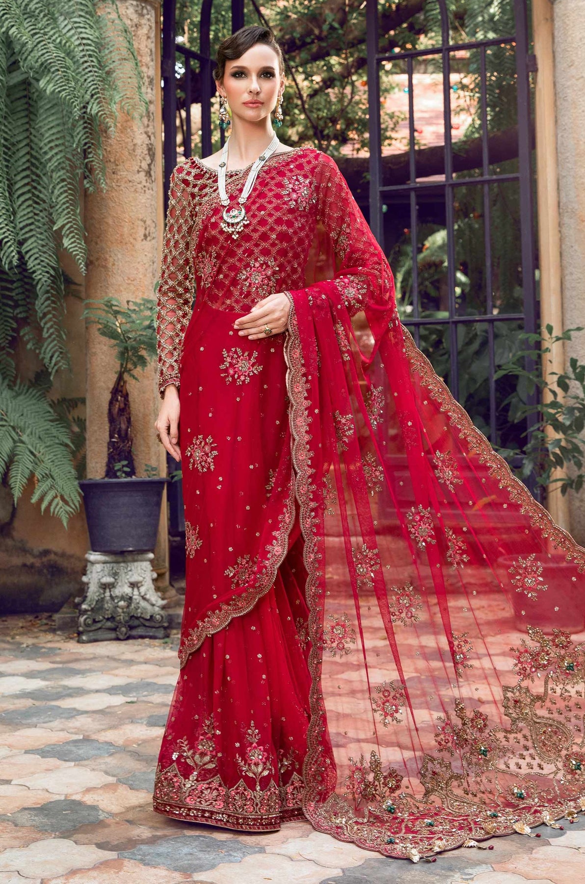 Red Pakistani Wedding Dress in Net Bridal Saree Style – Nameera by Farooq