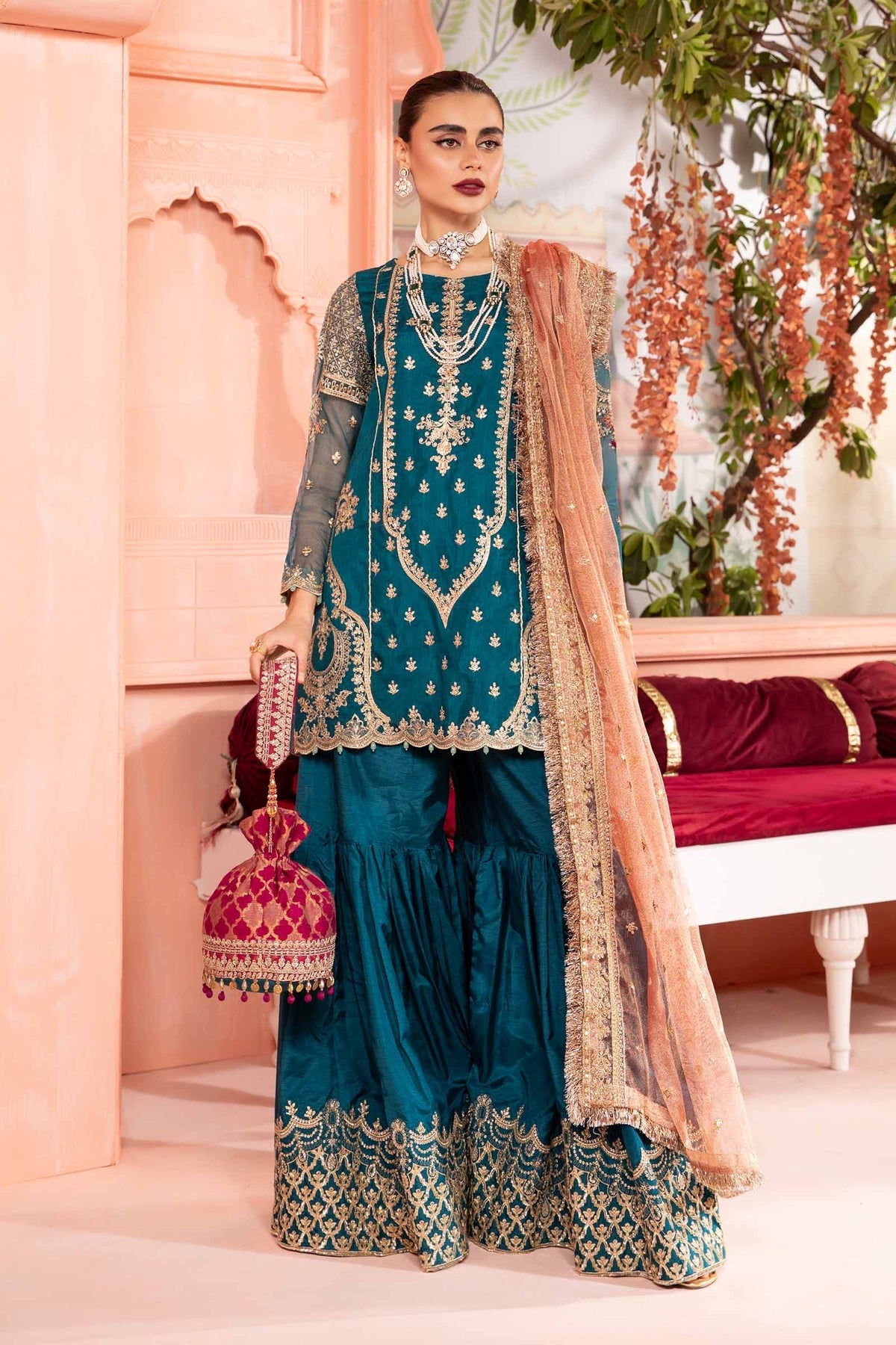 Royal Pakistani Party Wear Gharara Kameez in Zinc Shade – Nameera by Farooq