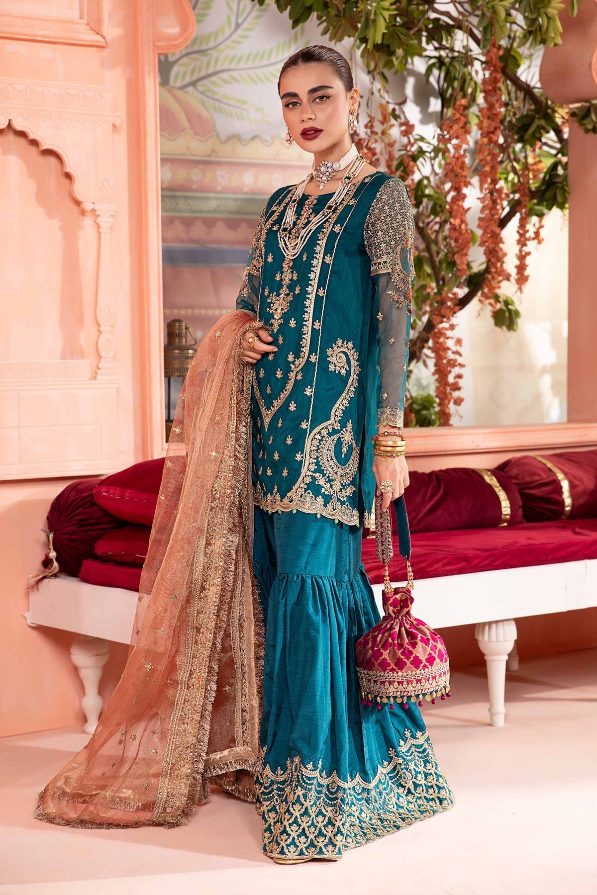 Royal Pakistani Party Wear Gharara Kameez in Zinc Shade – Nameera by Farooq