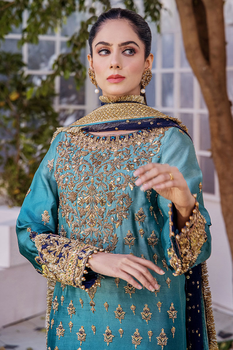 Premium Embroidered Pakistani Wedding Dress in Blue – Nameera by Farooq