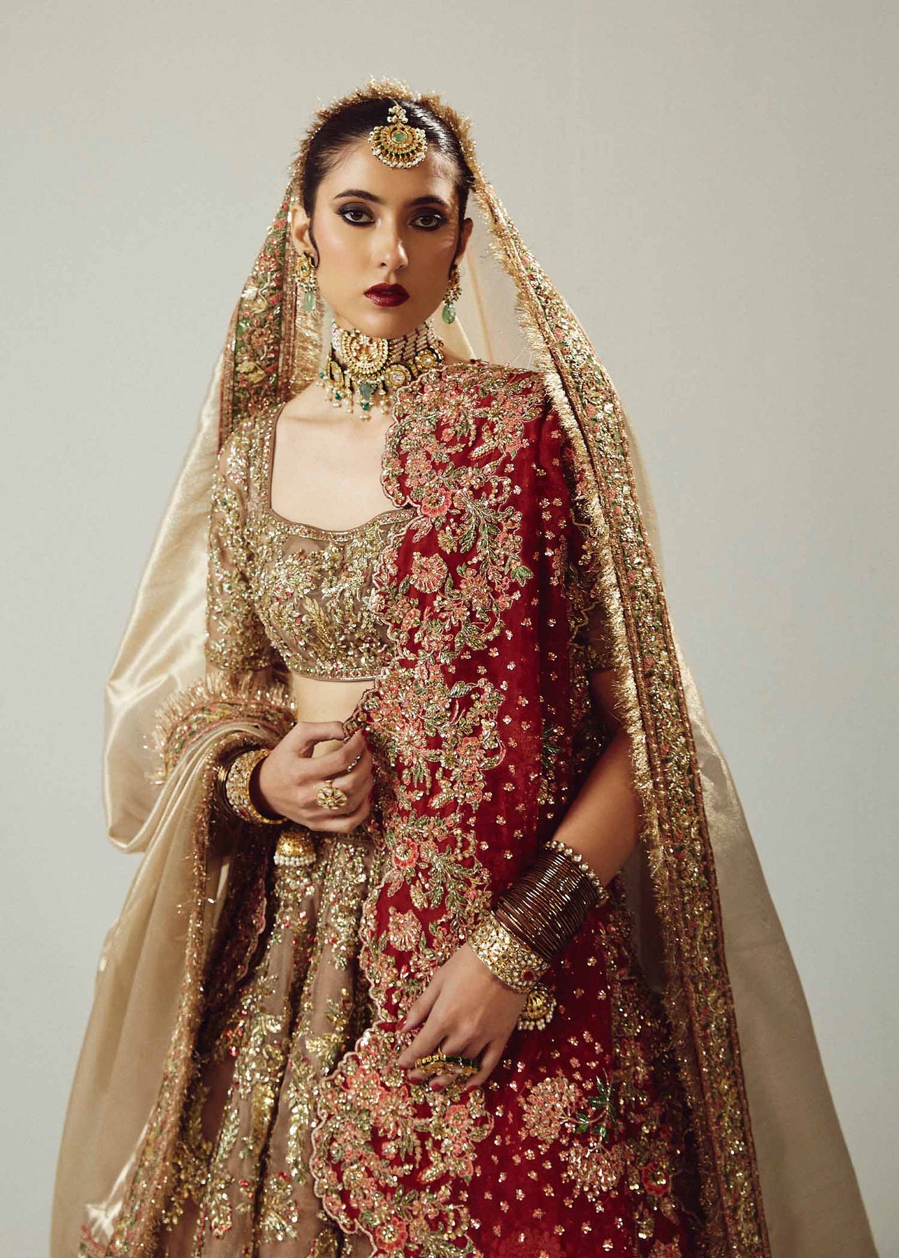 Golden Lehenga Choli with Maroon Dupatta for Wedding – Nameera by Farooq