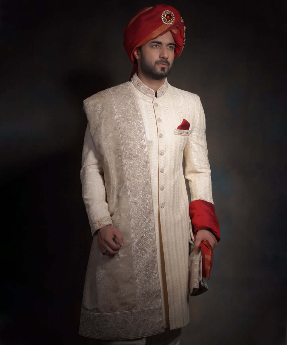 Royal Ivory Gold Raw Silk Pakistani Groom Sherwani – Nameera by Farooq