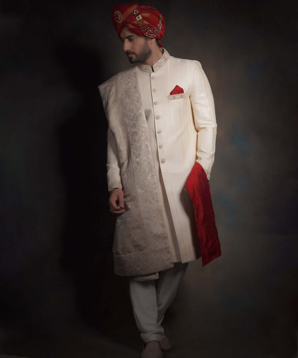Royal Ivory Gold Raw Silk Pakistani Groom Sherwani – Nameera by Farooq