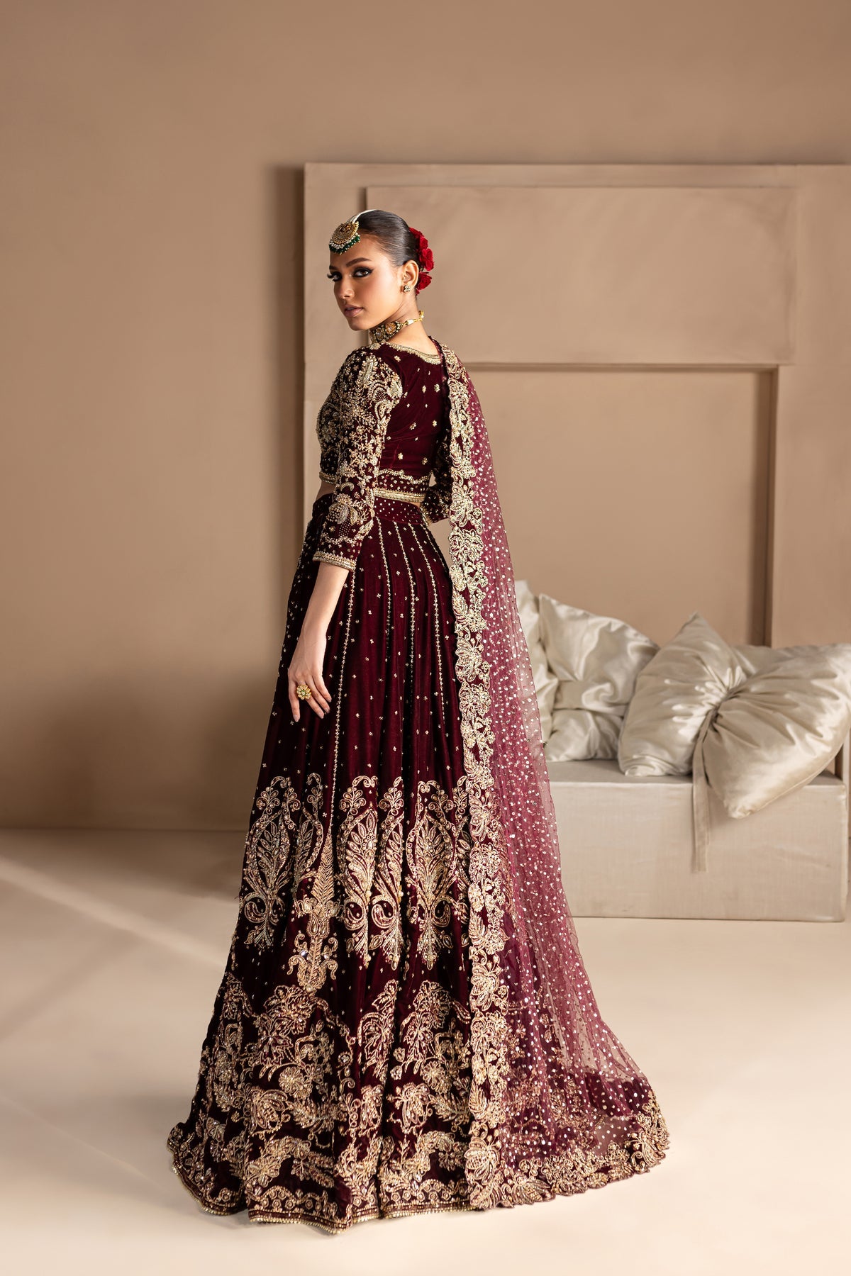 Royal Maroon Bridal Lehenga and Choli Pakistani Dress – Nameera by Farooq