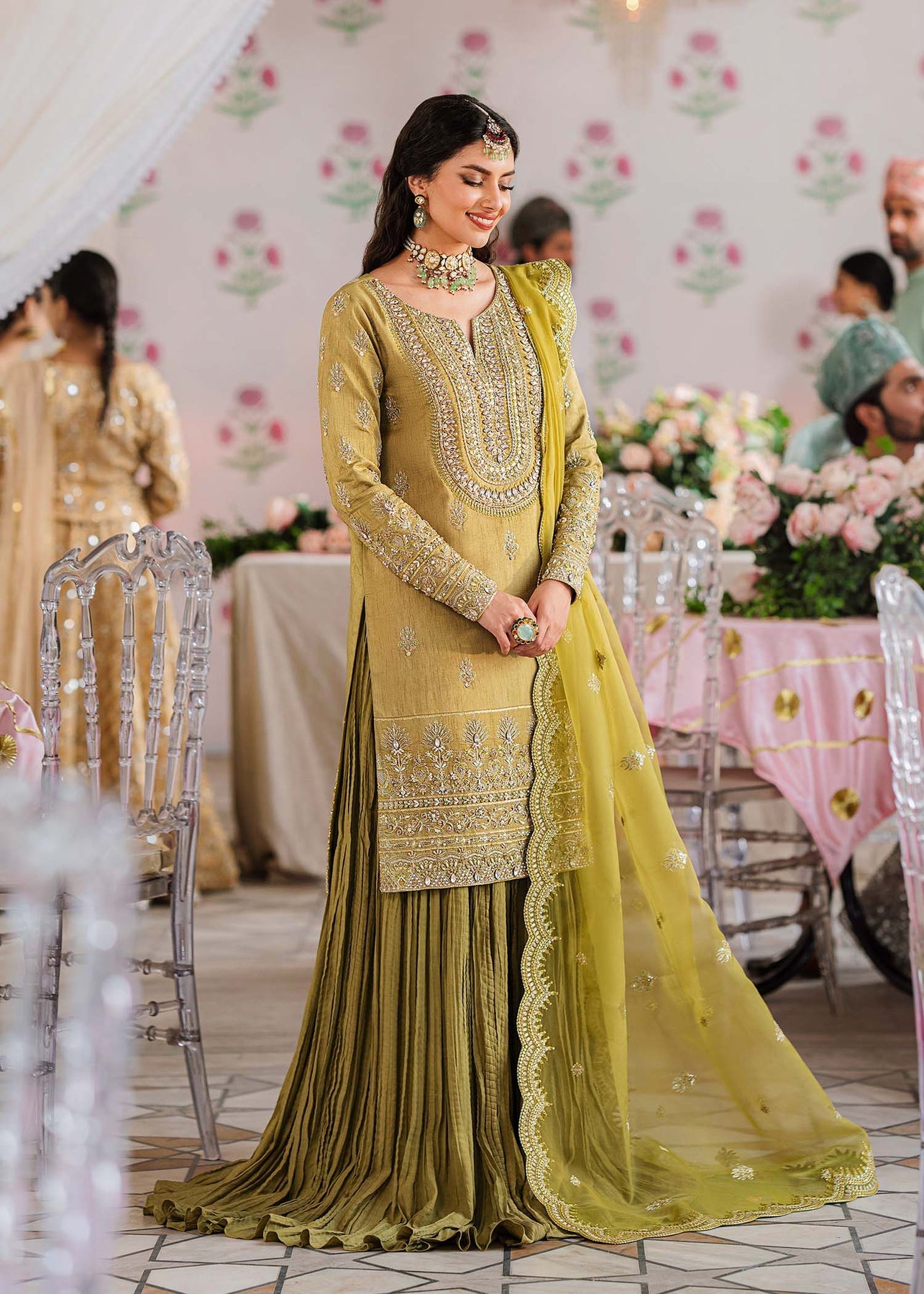 Royal Mehndi Green Pakistani Sharara Kameez Crushed Style – Nameera by ...