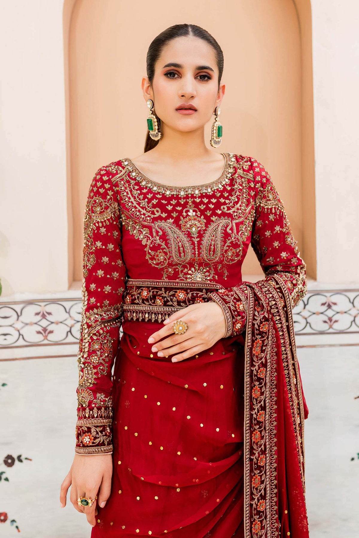 Royal Pakistani Bridal Dress in Deep Red Saree Style – Nameera by Farooq