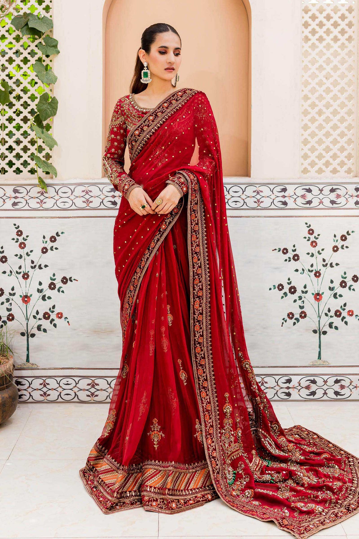 Royal Pakistani Bridal Dress in Deep Red Saree Style – Nameera by Farooq