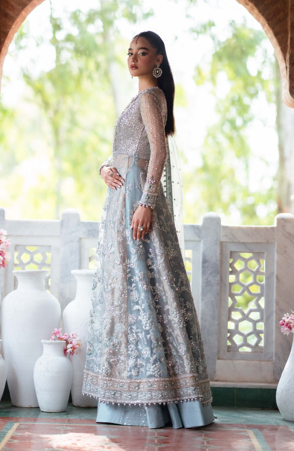 Pakistani Bridal Dress in Lehenga and Open Gown Style – Nameera by Farooq