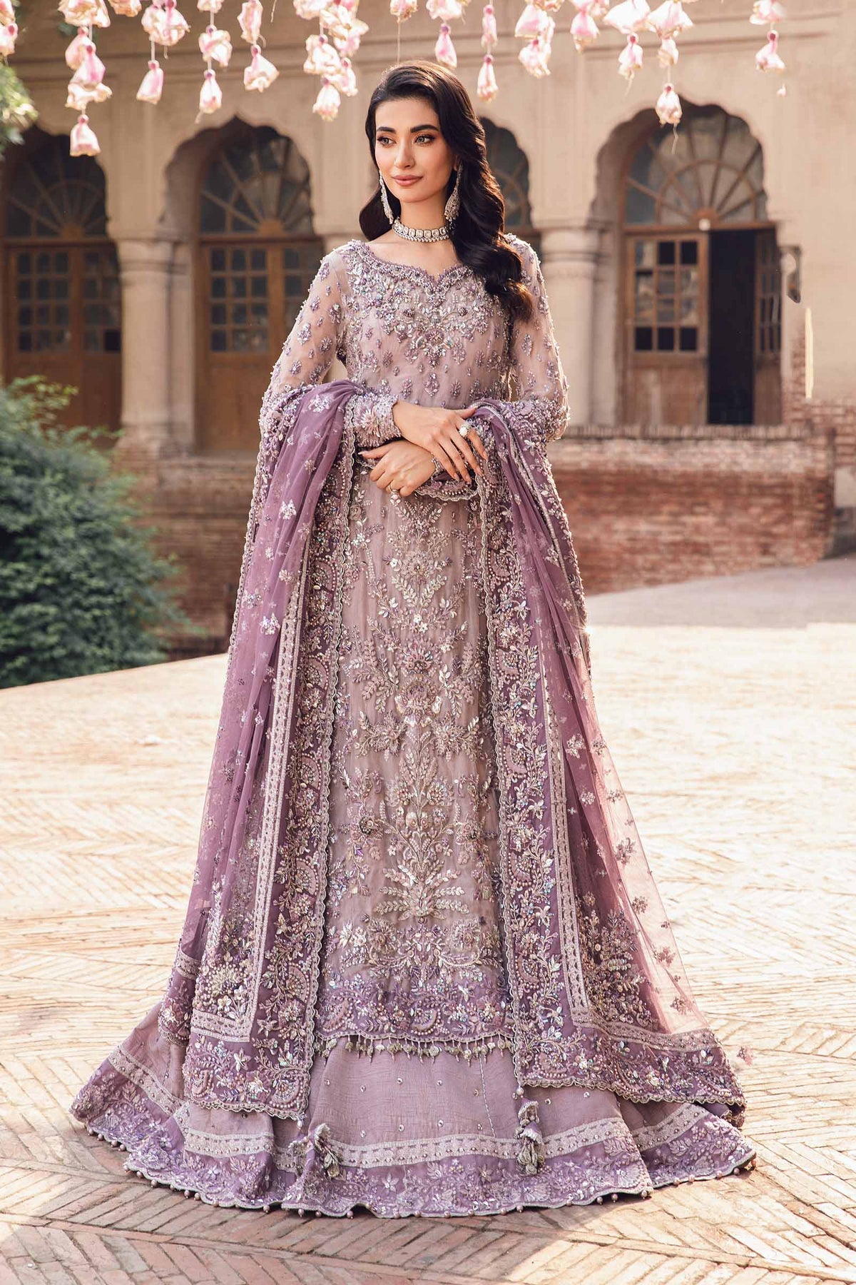 Pakistani Bridal Dress in Lilac Kameez Lehenga Style – Nameera by Farooq