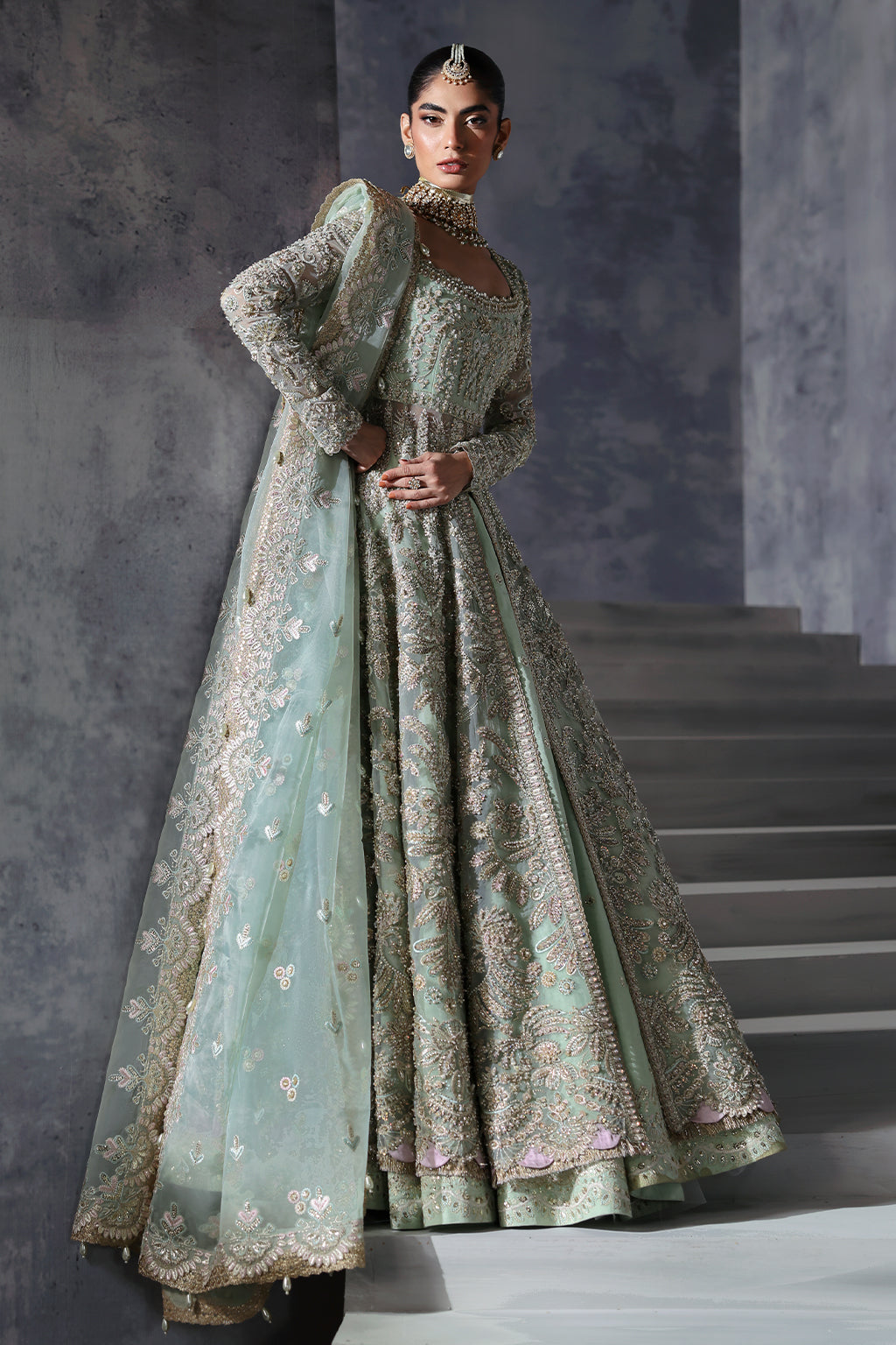 Pakistani Bridal Dress in Open Gown and Lehenga Style – Nameera by Farooq