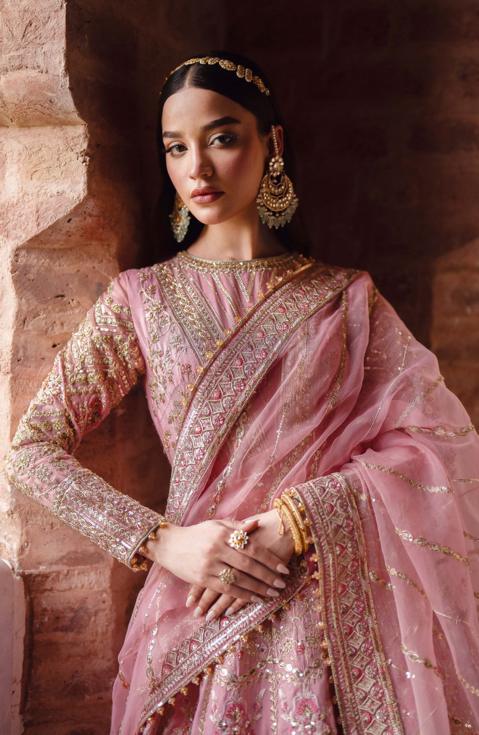 Pakistani Bridal Dress in Rose Pink Pishwas Frock Style – Nameera by Farooq