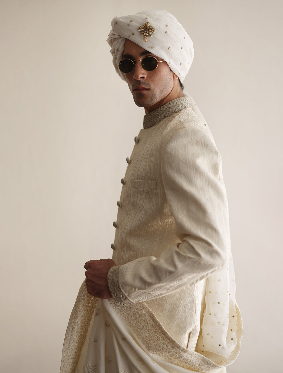 Pakistani Groom Dress in Embroidered Sherwani Style – Nameera by Farooq