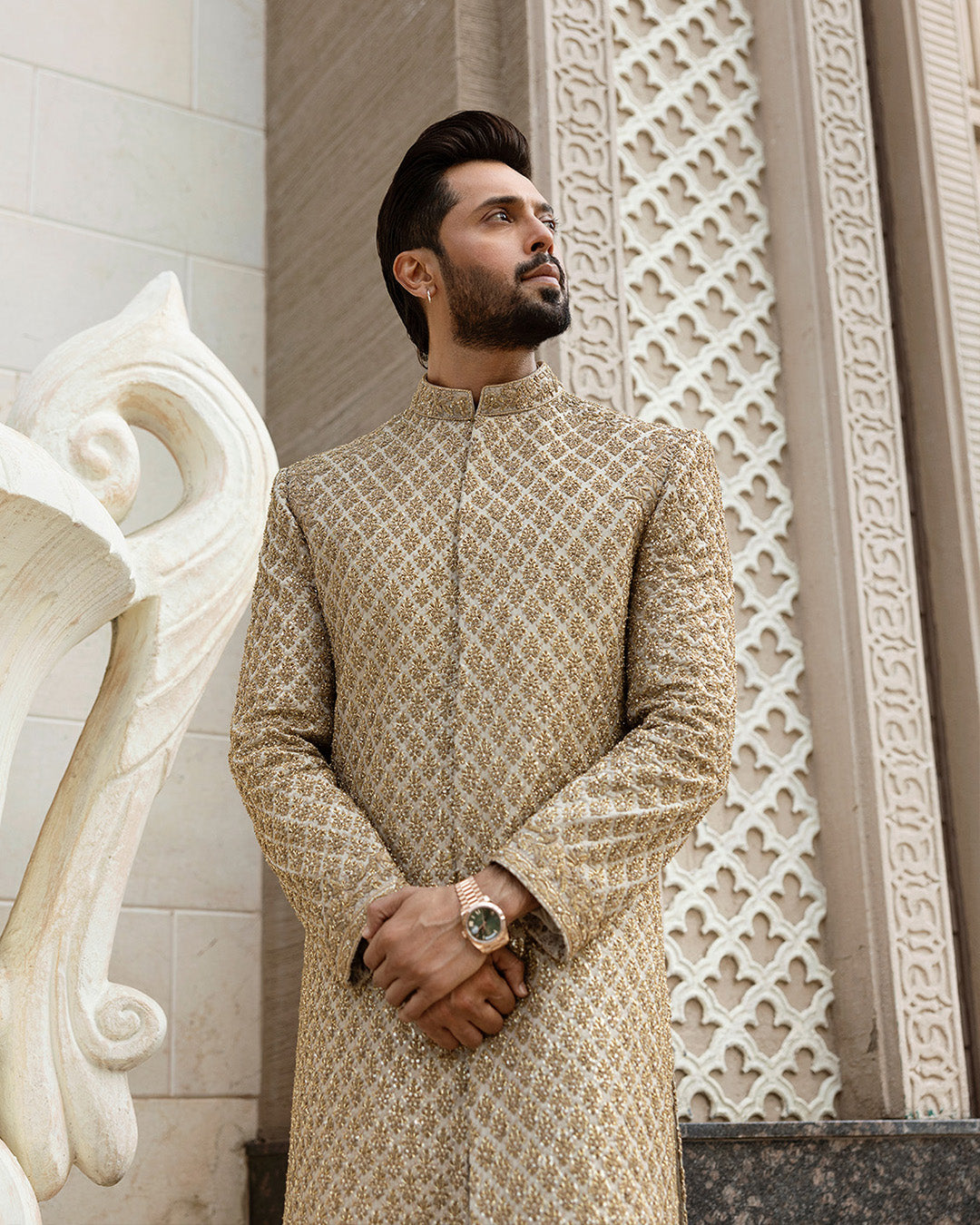 Pakistani Groom Dress in Gold Karandi Sherwani Style – Nameera by Farooq