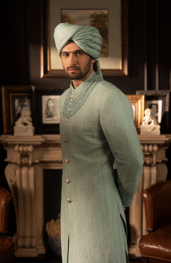 Pakistani Groom Dress in Mint Blue Silk Sherwani Style – Nameera by Farooq
