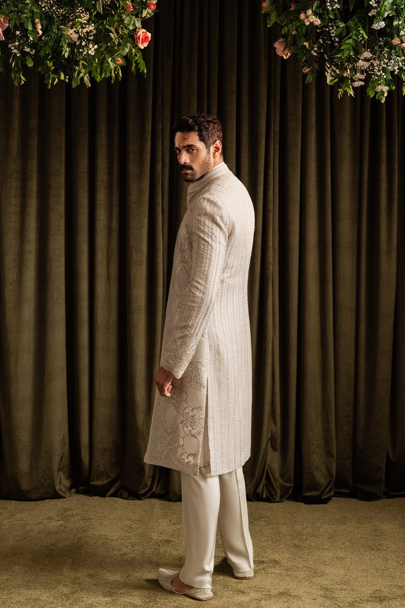 Pakistani Groom Dress in Off-white Open Sherwani Style – Nameera by Farooq