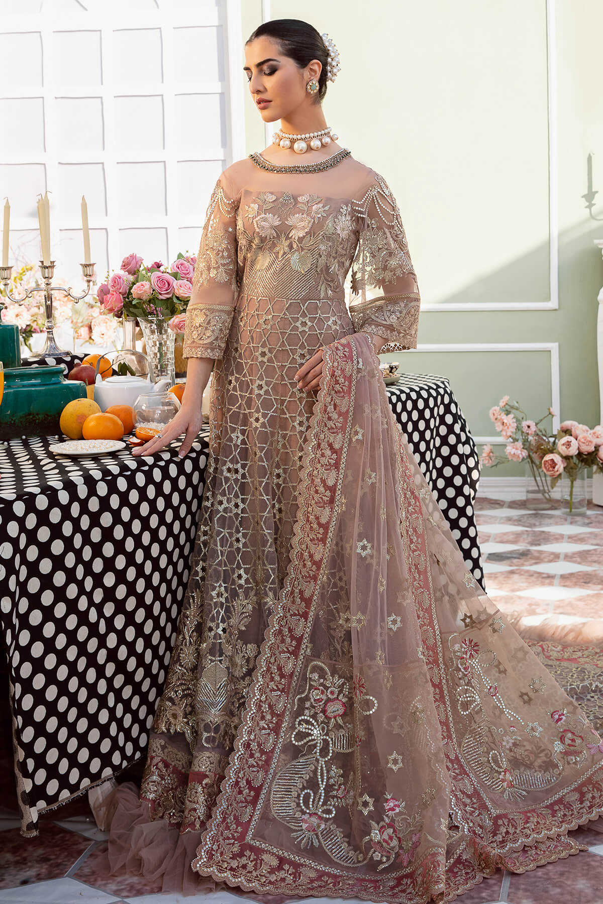 Pakistani Wedding Dress in Long Tail Pishwas Style – Nameera by Farooq
