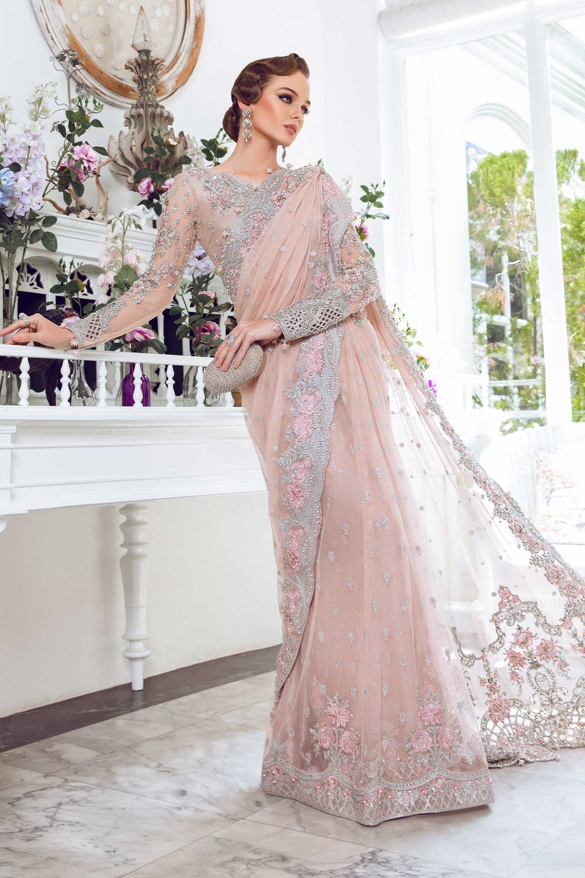 Royal Pink Pakistani Wedding Dress in Net Saree Style – Nameera by Farooq