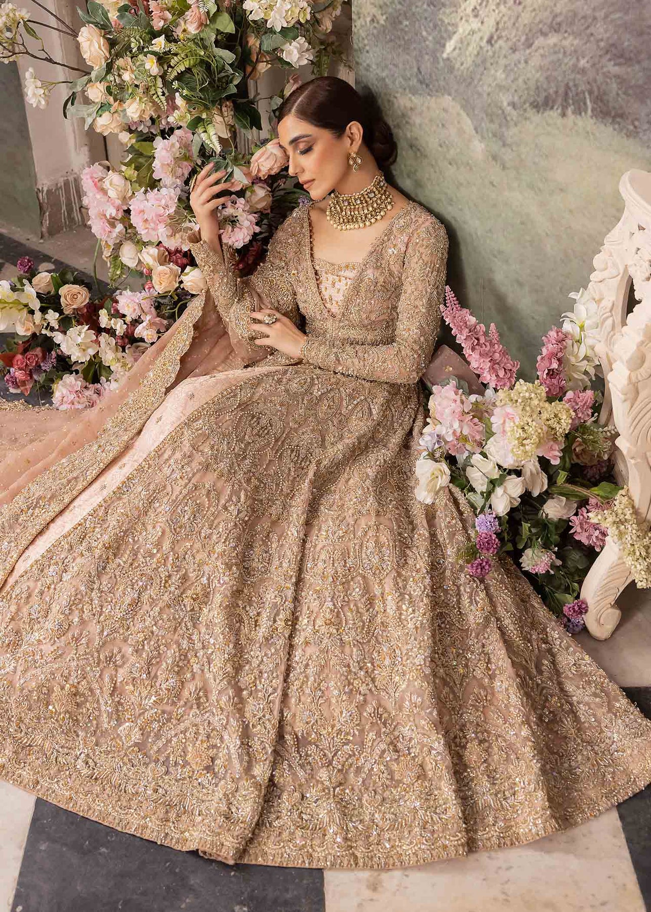 Pakistani Wedding Dress in Open Gown and Lehenga Style – Nameera by Farooq