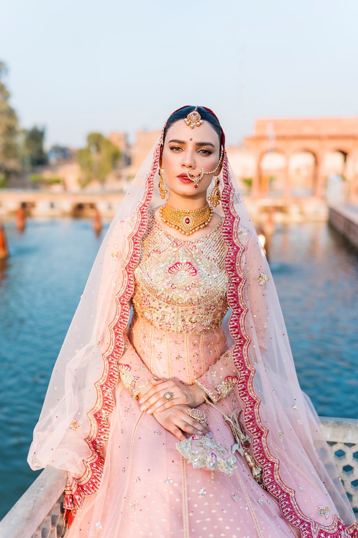 Pink Pakistani Bridal Dress in Frock and Lehenga Style – Nameera by Farooq