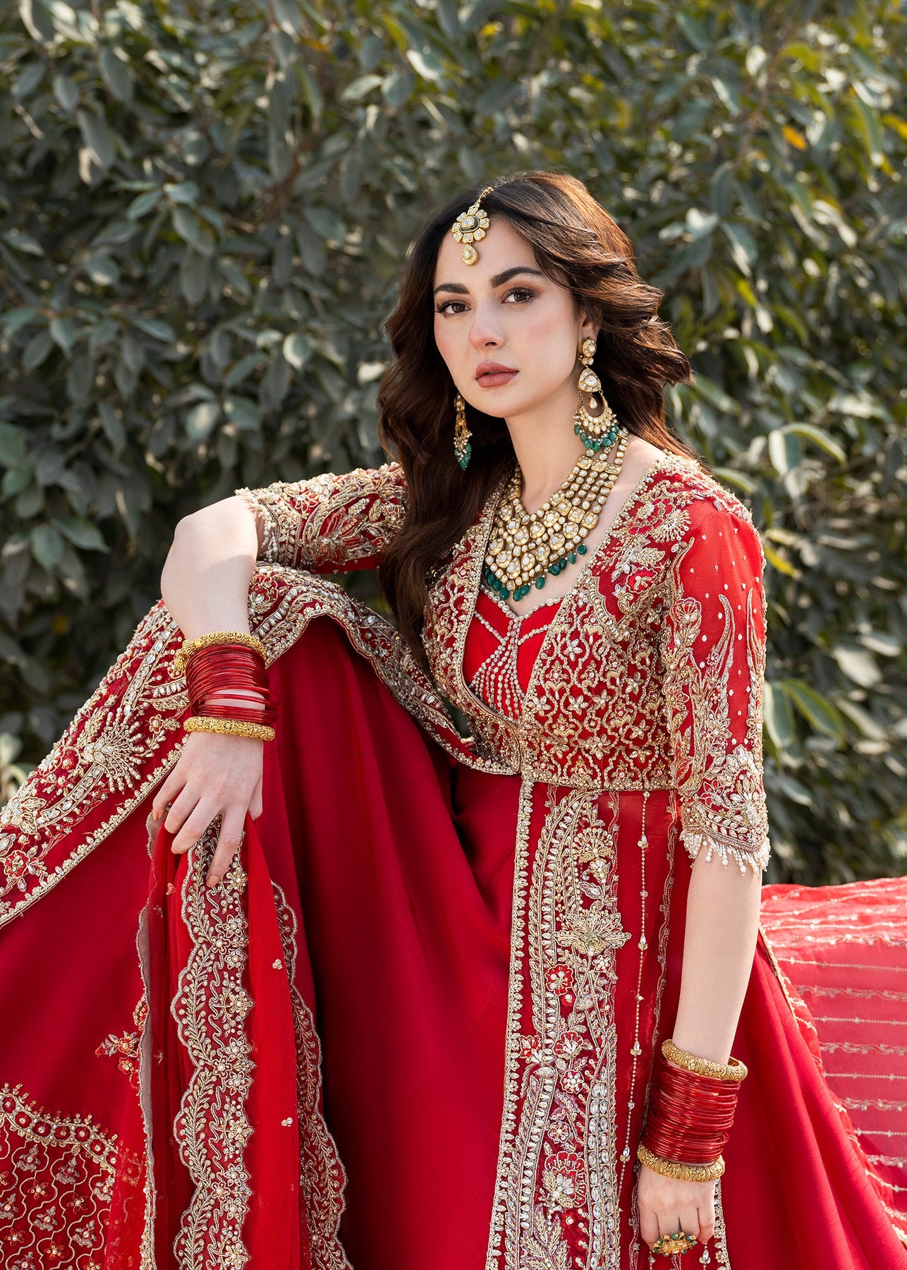 Red Pakistani Bridal Dress in Farshi Lehenga Style – Nameera by Farooq