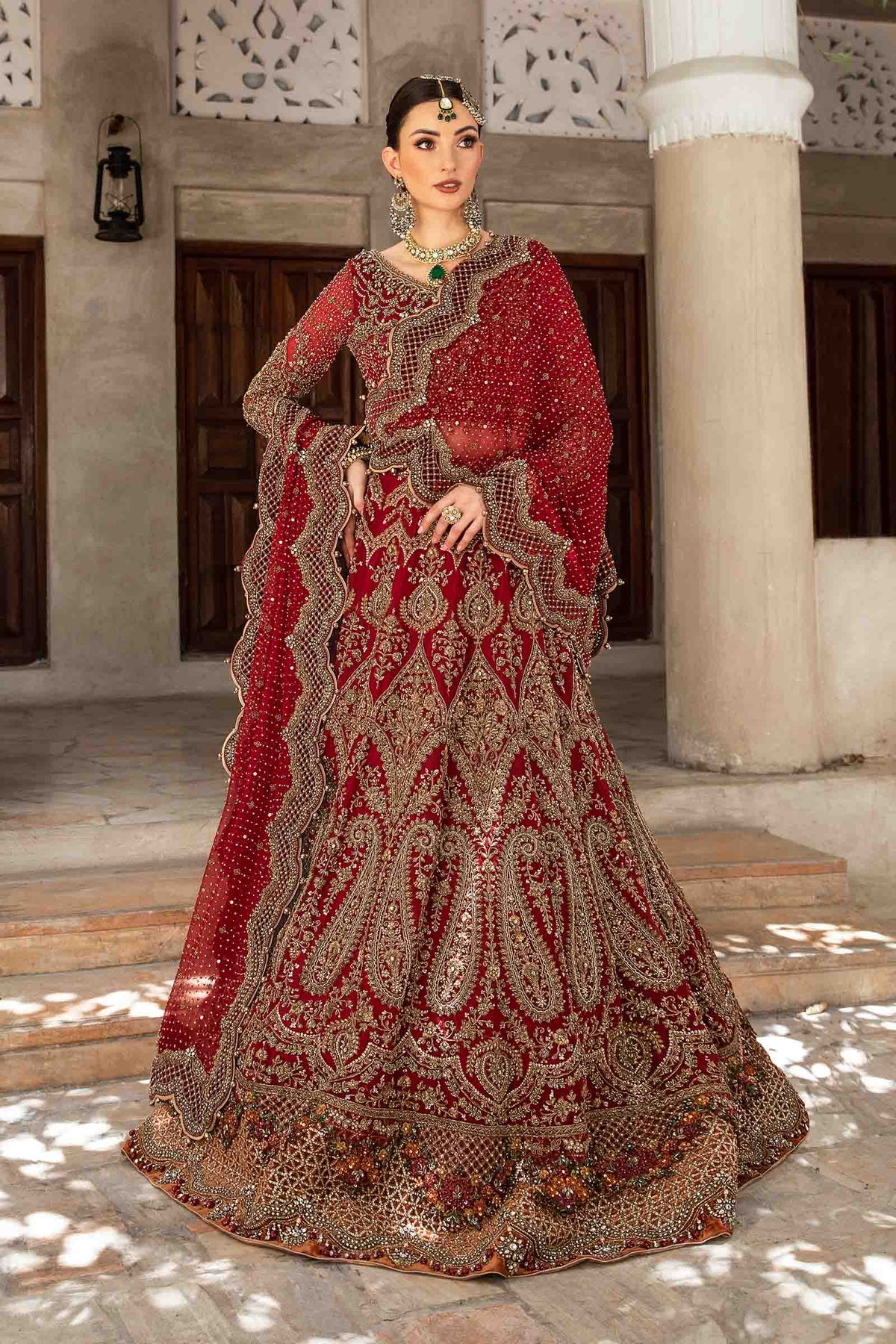 Royal Red Pakistani Bridal Dress in Lehenga Choli Style – Nameera by Farooq