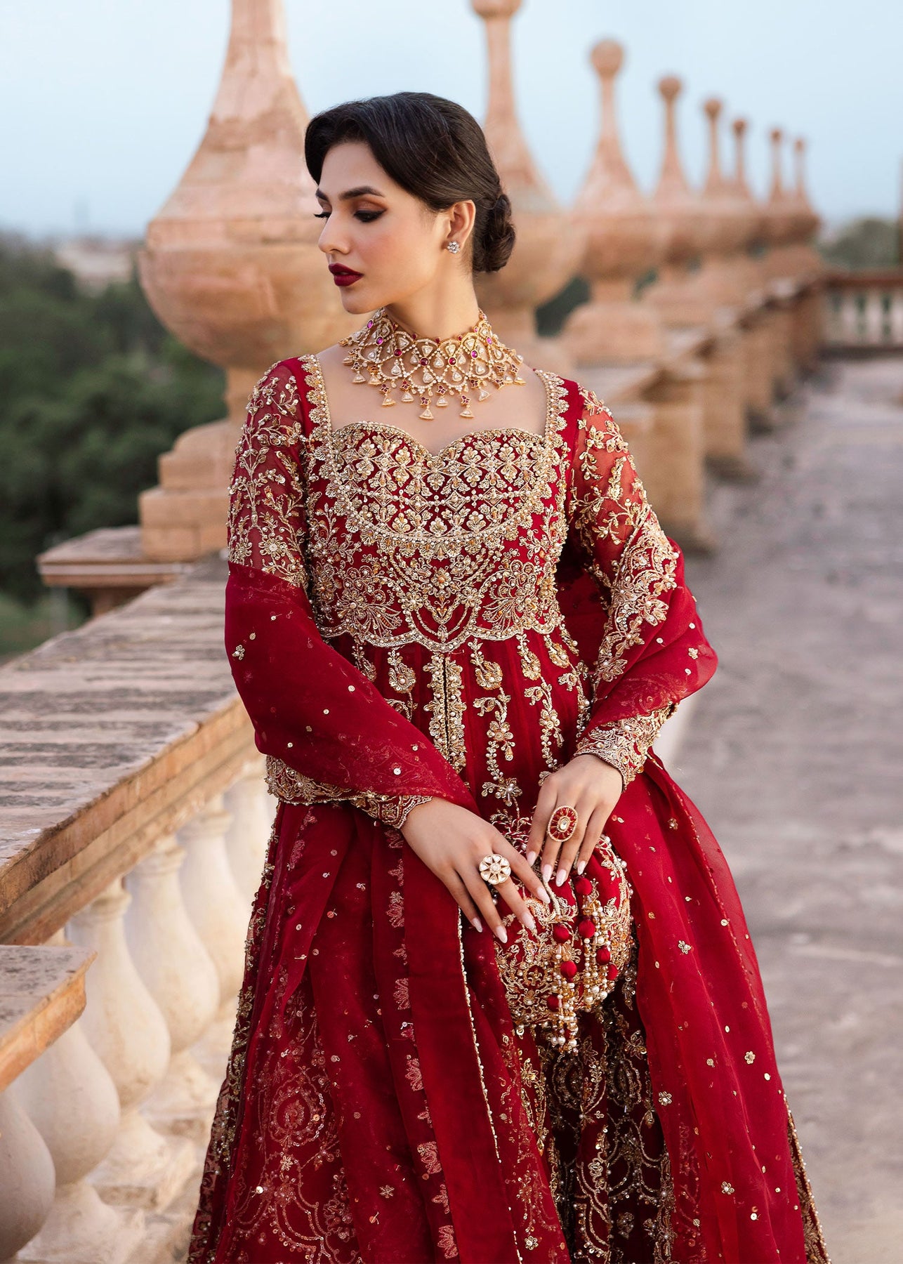 Red Pakistani Bridal Dress in Lehenga and Pishwas Style – Nameera by Farooq