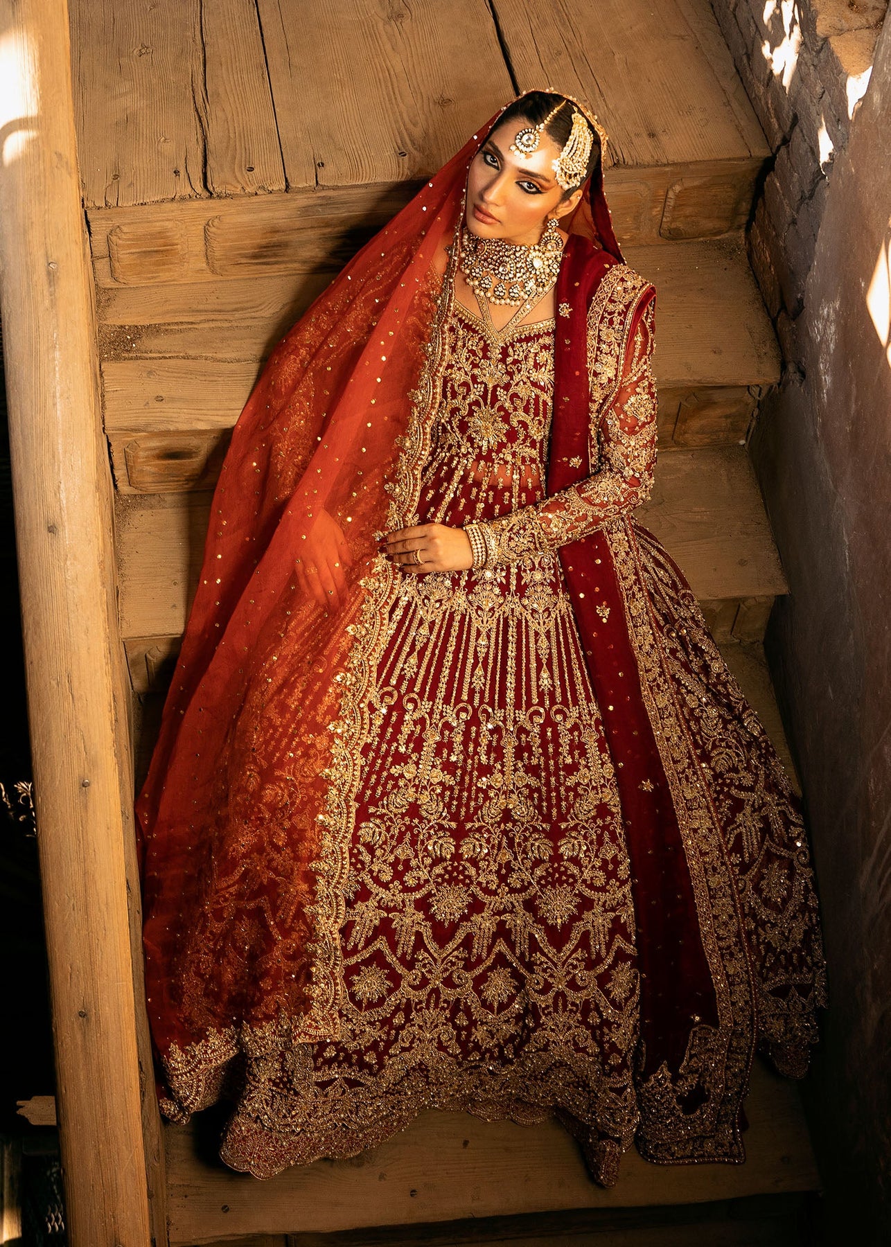 Red Pakistani Bridal Dress in Pishwas Lehenga Style – Nameera by Farooq